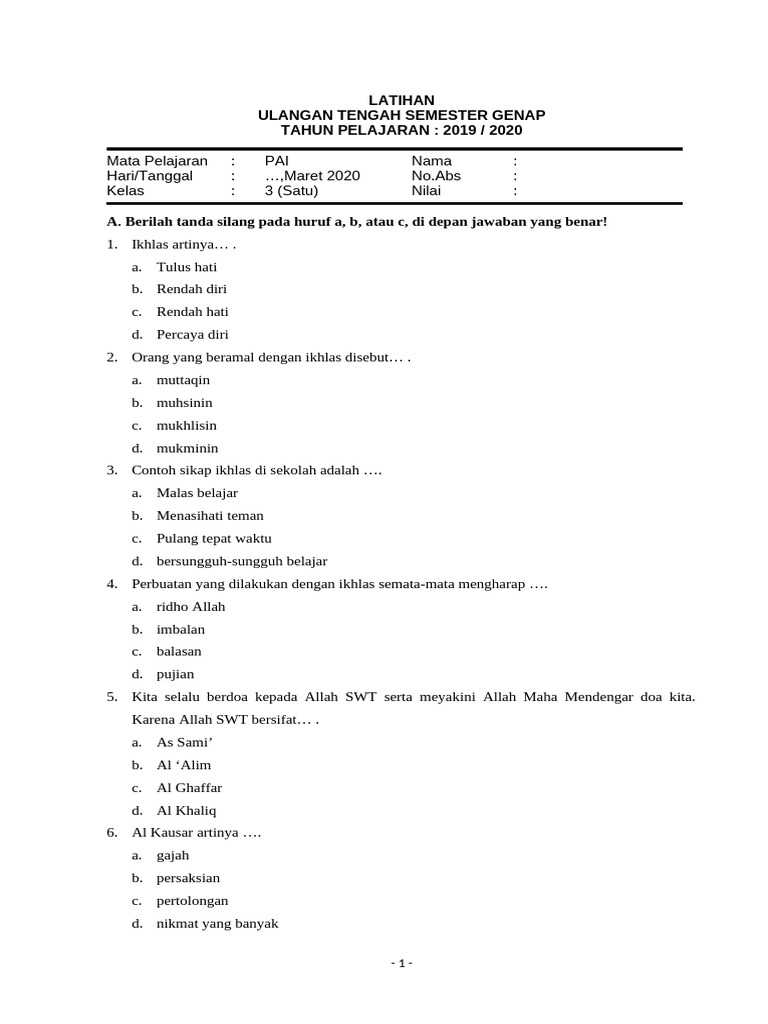 Latihan Soal Pts II Pai Kelas 3 k13 | PDF