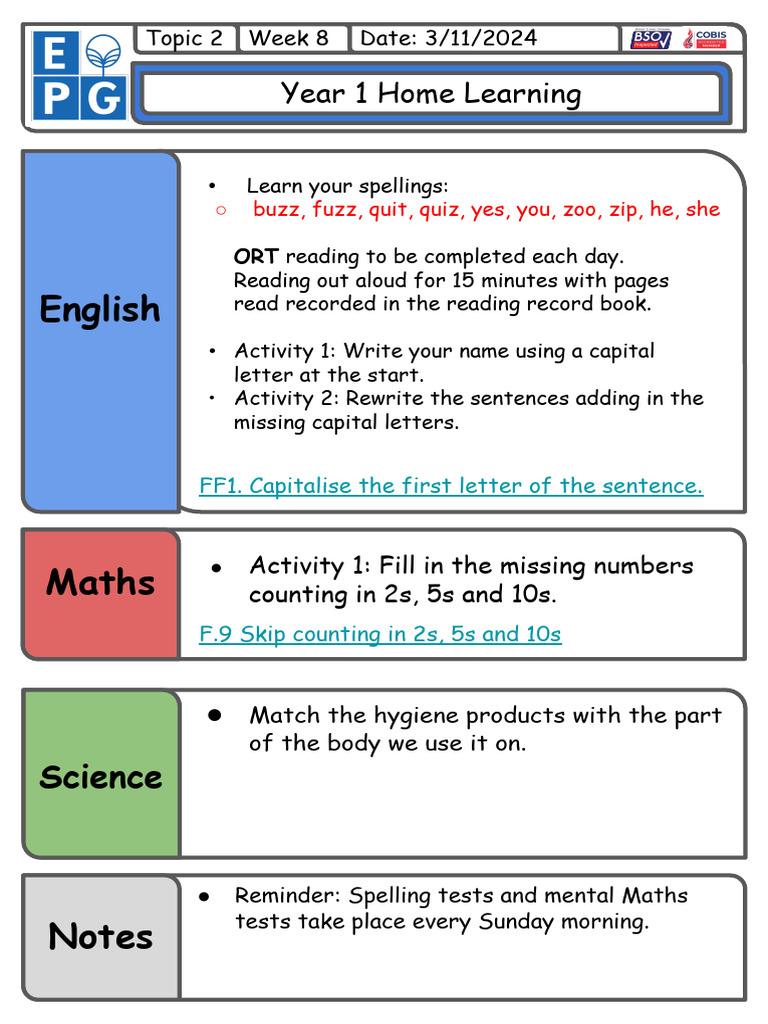 Home Learning Week 8_Y1_AY24-25 | PDF