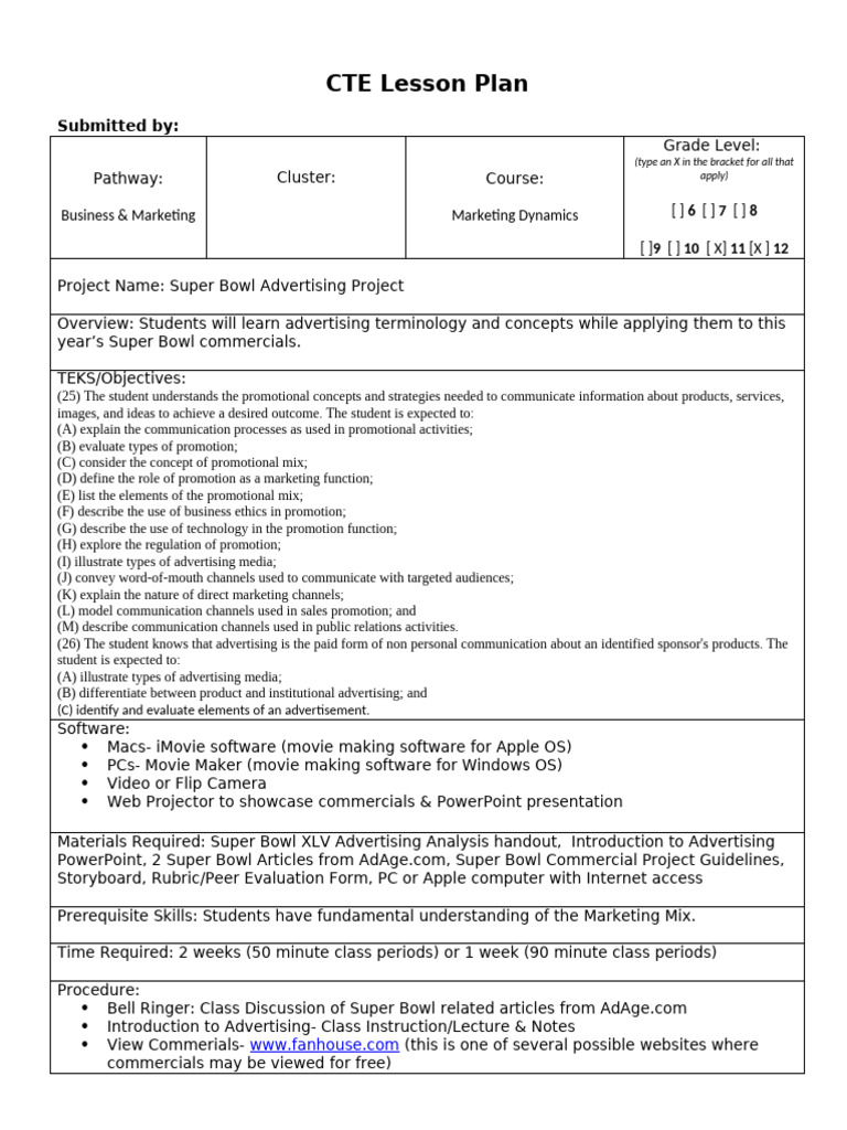 CTE Lesson Plan Marketing Dyamics Super Bowl Project | PDF | Marketing ...