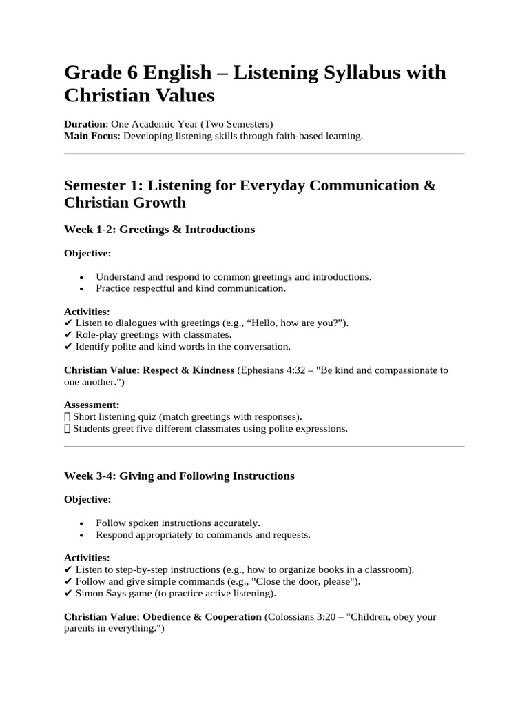 Grade 6 - Listening Lessons Syllabus | PDF | Bible Content