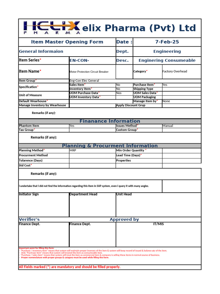 Motor Protection Circuit Breaker Form | PDF | Inventory | Economies