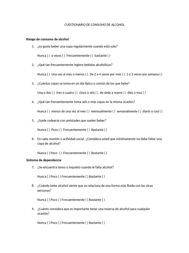 Cuestionario de Consumo de Alcohol | PDF