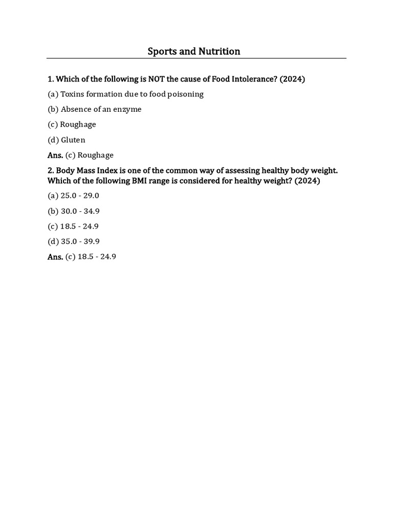 Sports and Nutrition PYQ | PDF