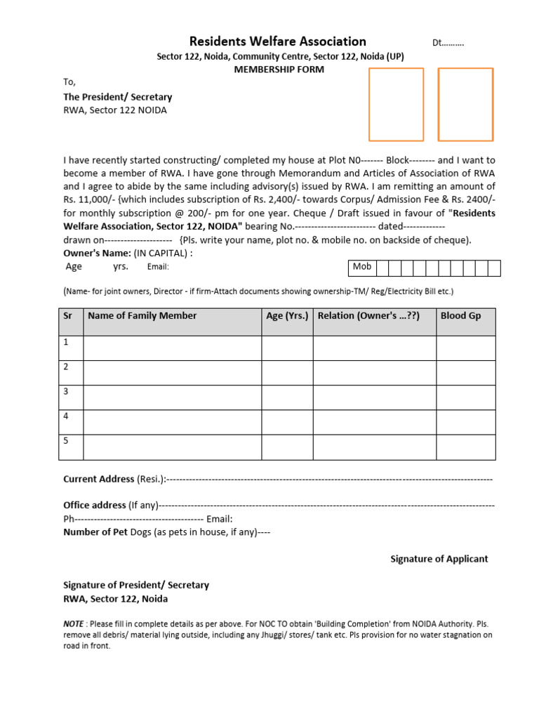 RWA Membership Form for Sector 122 Noida | PDF