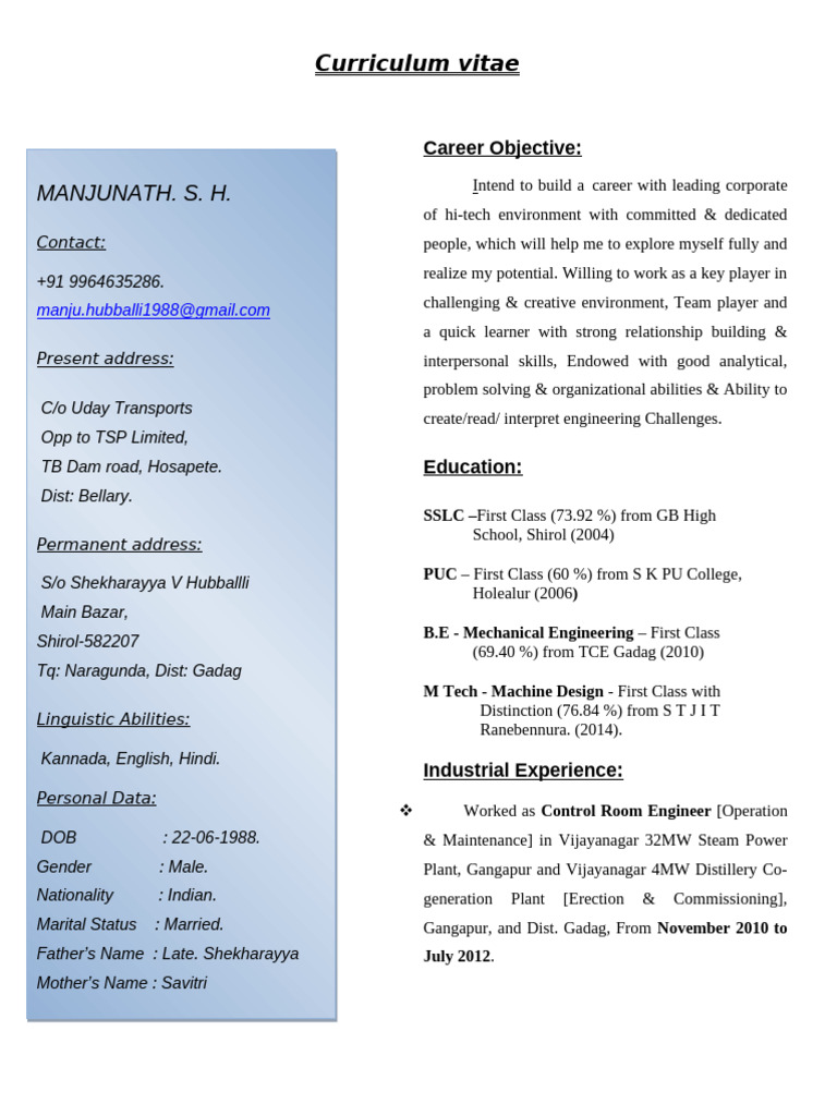 Manjunath S H Resume | PDF | Learning | Cognition