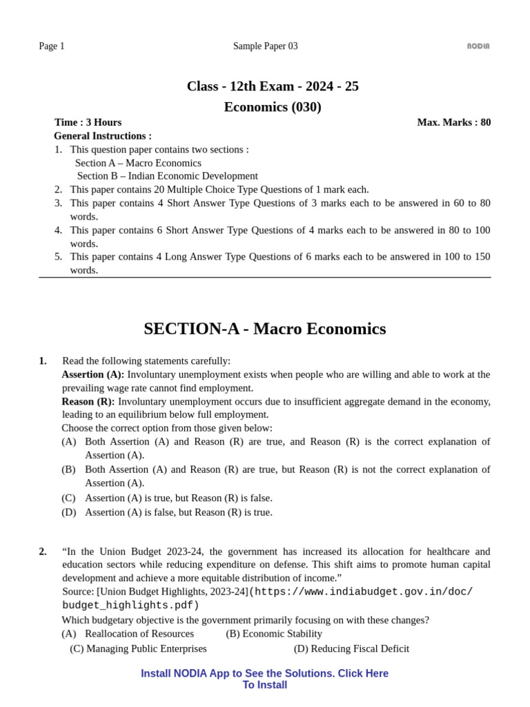 Class 12 Economics Sample Paper 2024-25 | PDF | Government Budget ...