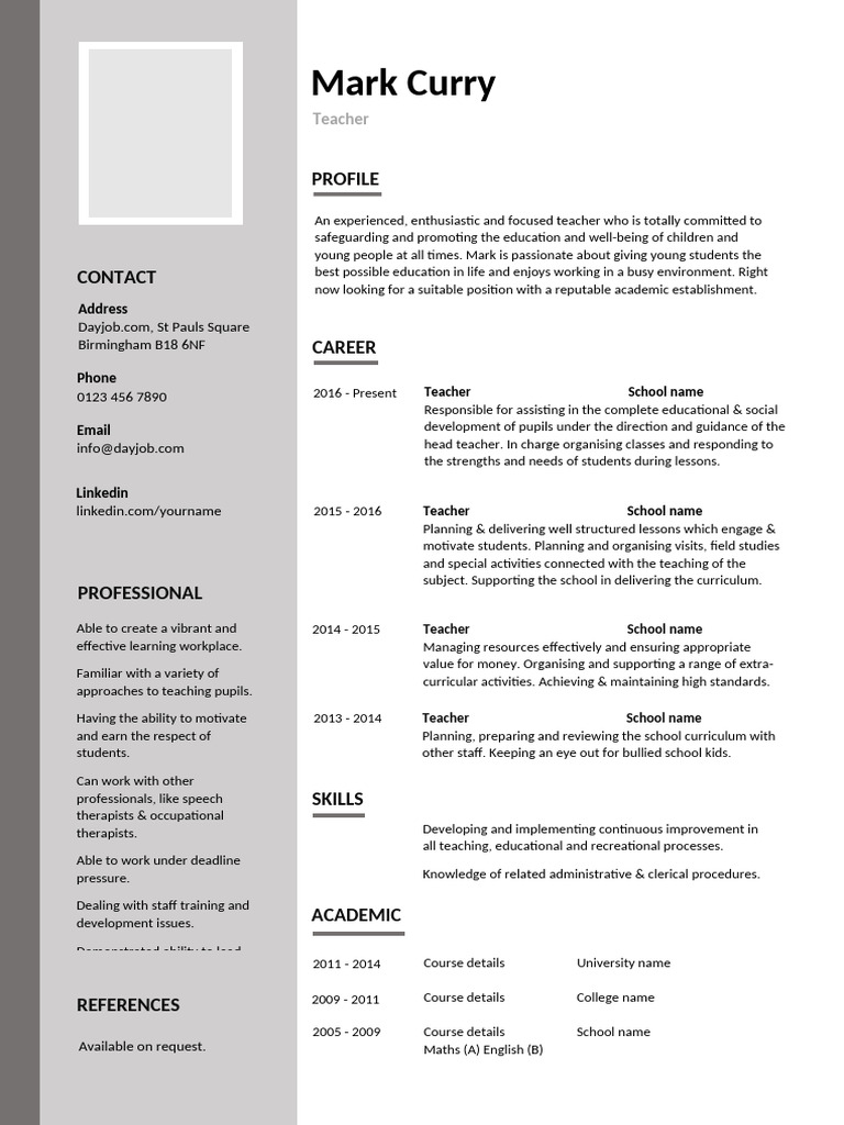 Free Teacher CV Template | PDF | Teachers | Curriculum