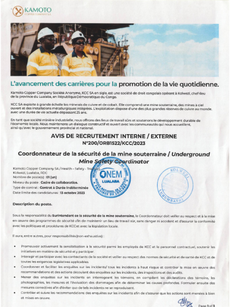 Avis de Recrutement Interne Et Externe Safety Coordinator 200-Orb1522 | PDF