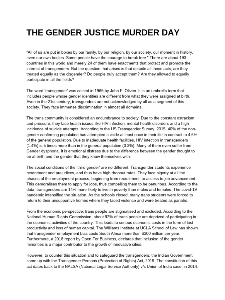 The Gender Justice Murder Day | PDF | Transgender | LGBTQIA+ Studies
