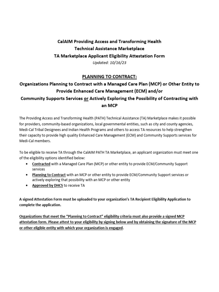 CalAIM TA Marketplace Eligibility Form | PDF