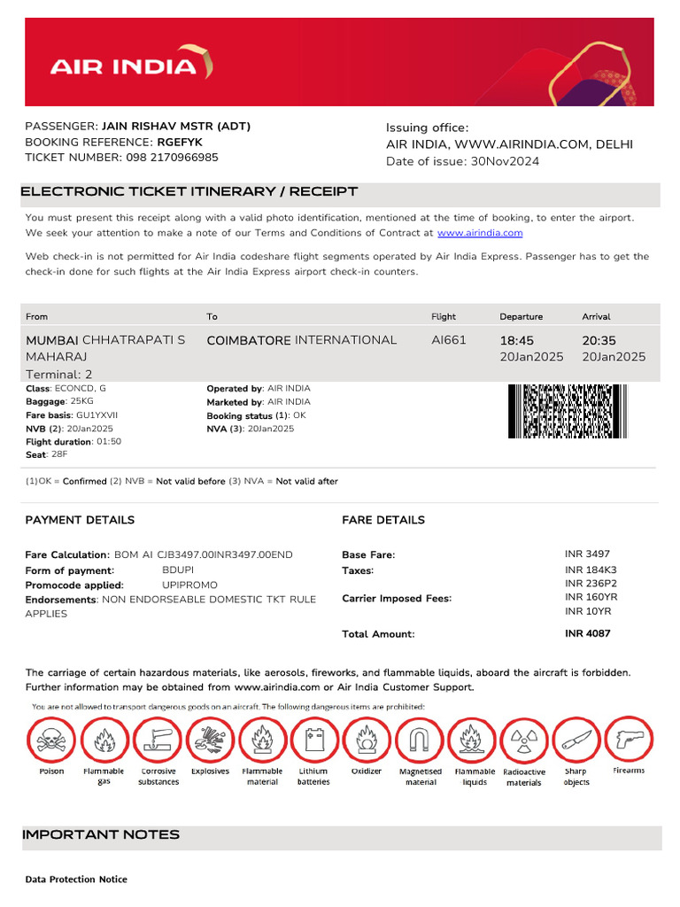 Air India Web Booking ETicket (RGEFYK) - RISHAV | PDF