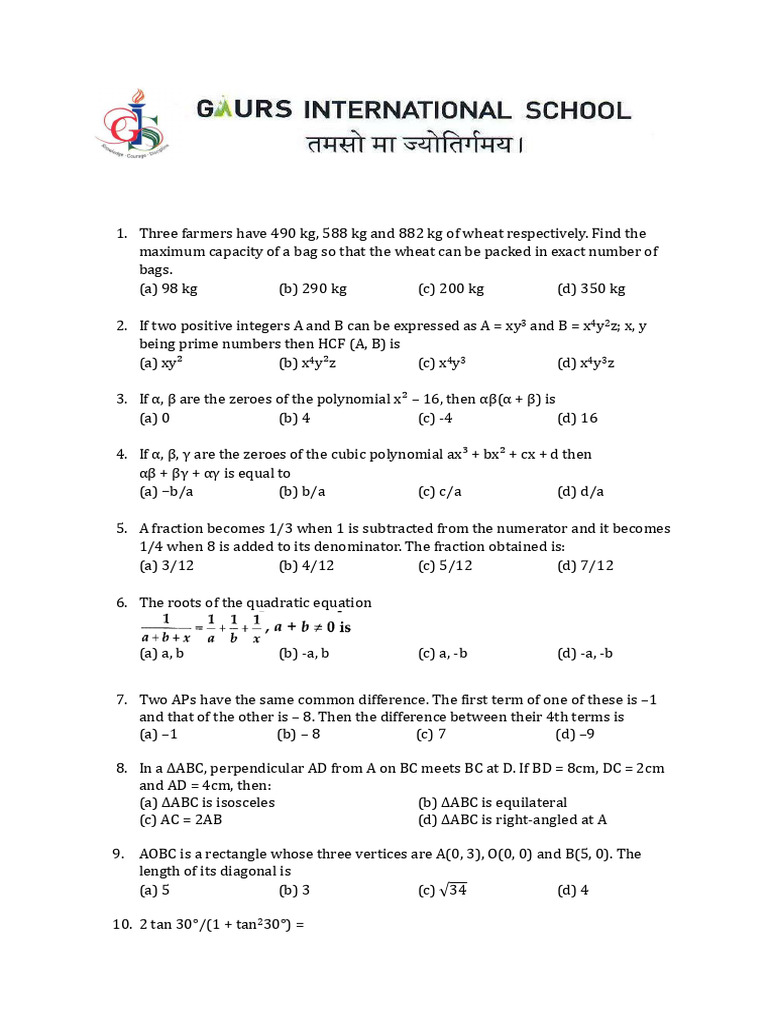 Revision Worksheet - 1 Class X Maths | PDF | Polynomial | Mathematics