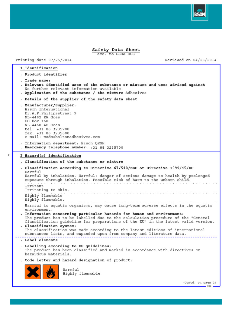 Bison Kit 650ml MSDS | PDF | Firefighting | Safety