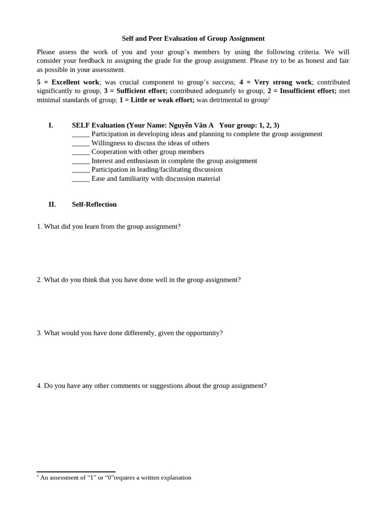 Self and Peer Evaluation | PDF