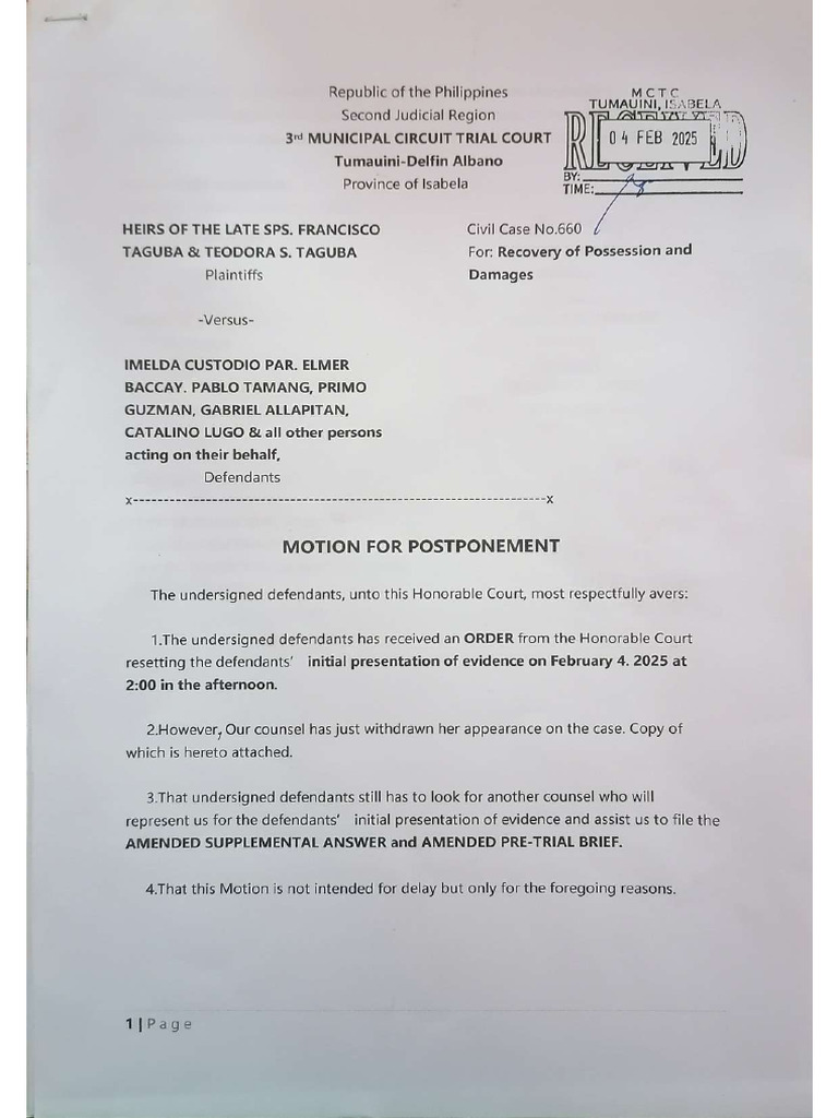 Motion for Postponement | PDF