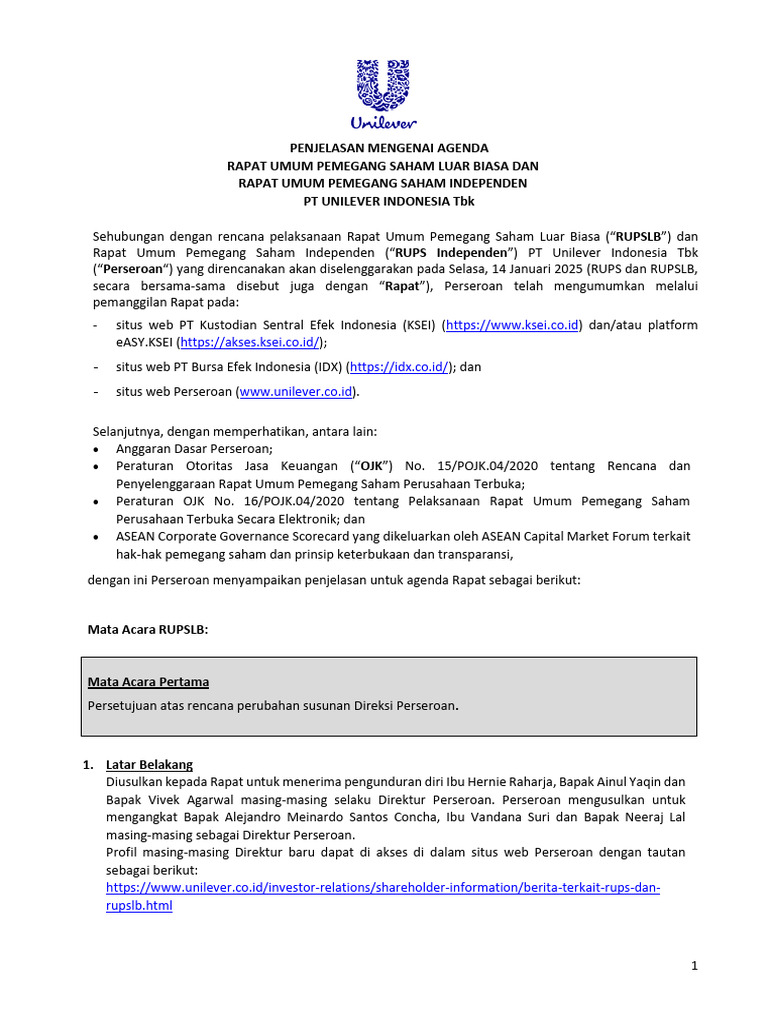 Penjelasan Agenda Rupslb Dan Rups Independen Januari 2025 | PDF