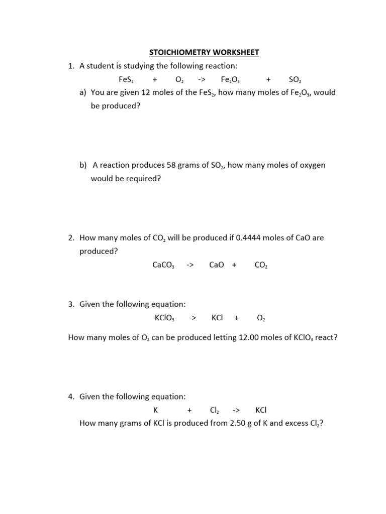 Stoichiometry Worksheet | PDF