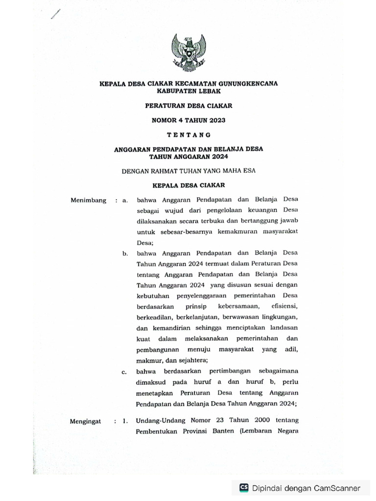 Perdes APBDes 2024 Desa Ciakar | PDF