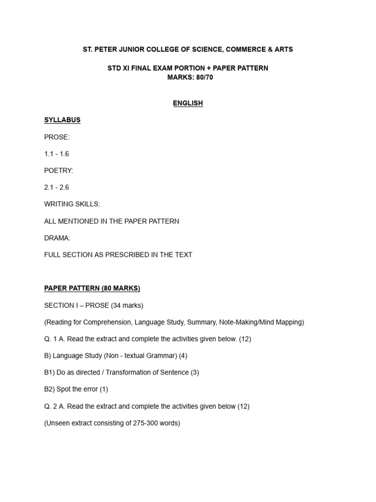 STD Xi Science Final Exam Portion + Paper Pattern | PDF