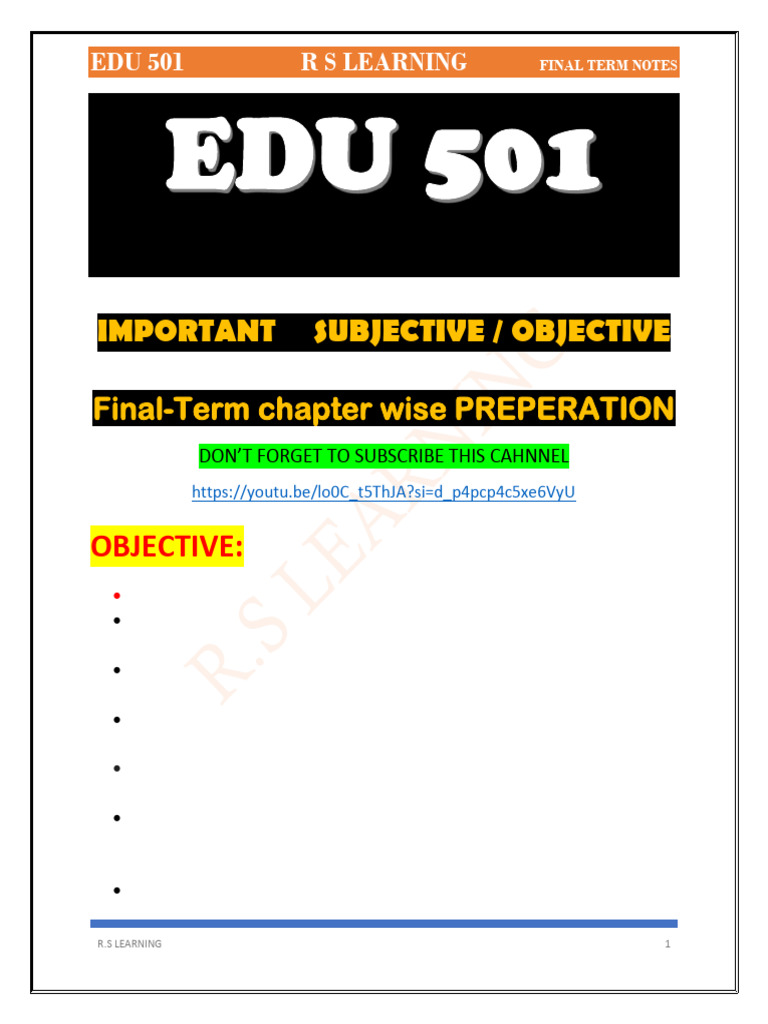 EDU 501 Final Term Short Prepration File by R.S Learning Zone | PDF ...