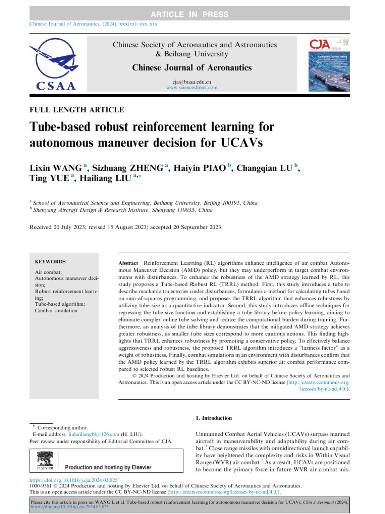 Tube-based robust reinforcement learning for autonomous maneuver decision for UCAVs | PDF ...