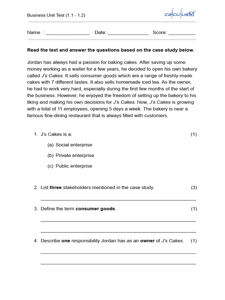 Business Unit Test (1.1 - 1.2) | PDF | Bakery | Cakes