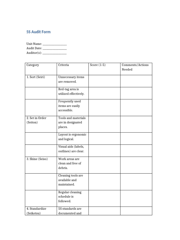 5S Audit Form Template for Efficiency | PDF