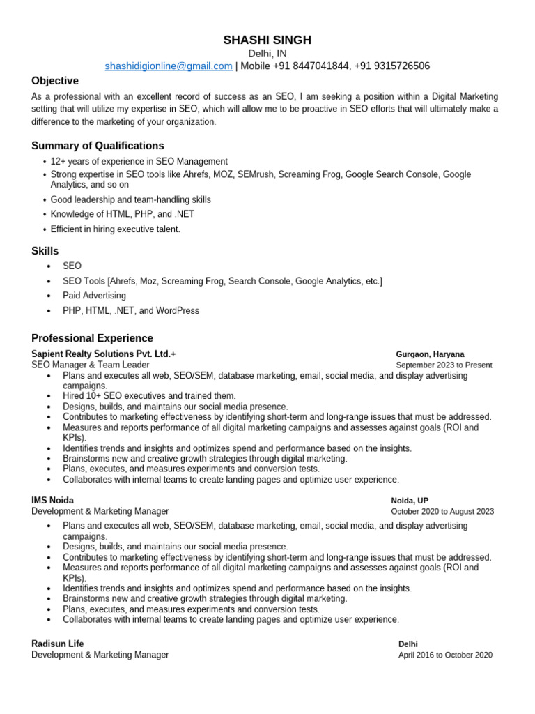 Shashi Singh CV (1) - 3-1 | PDF | Digital Marketing | Search Engine Optimization