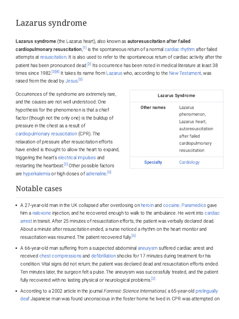 Lazarus Syndrome - Wikipedia | PDF | Cardiopulmonary Resuscitation ...