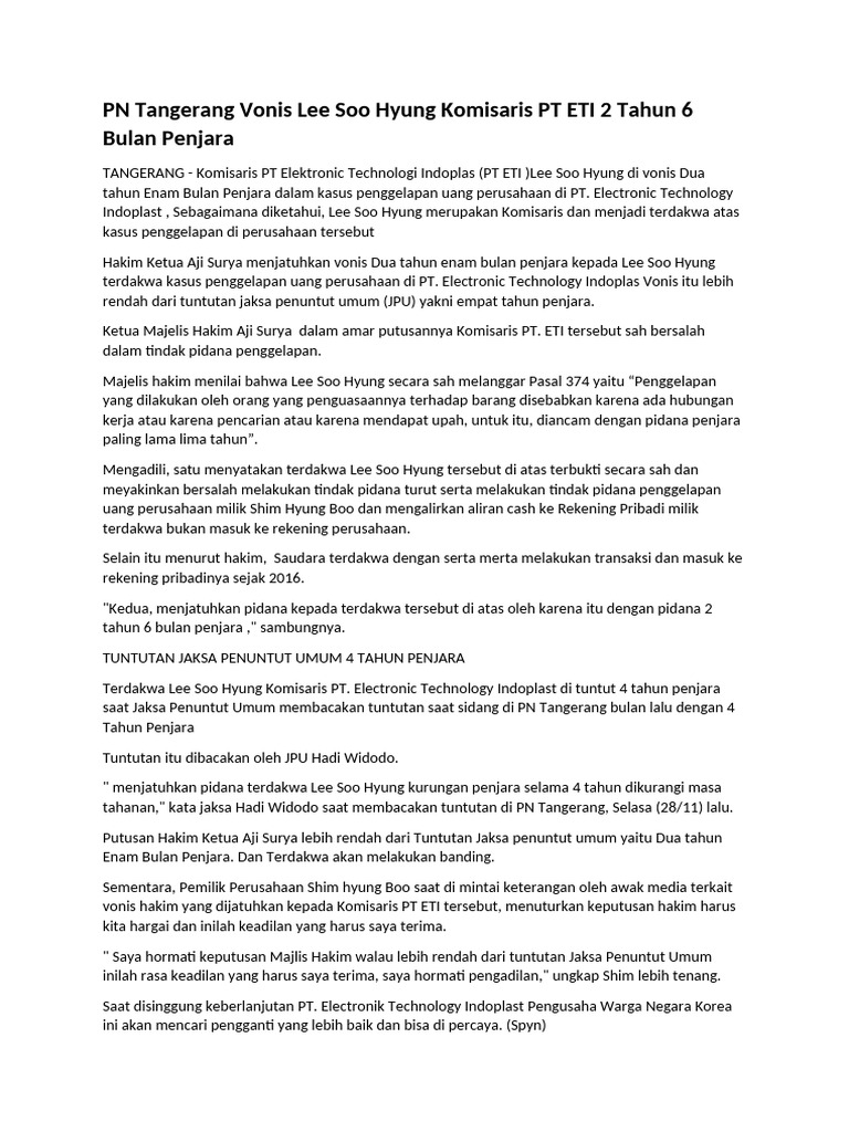 06. PN Tangerang Vonis Lee Soo Hyung Komisaris PT ETI 2 Tahun 6 Bulan Penjara | PDF