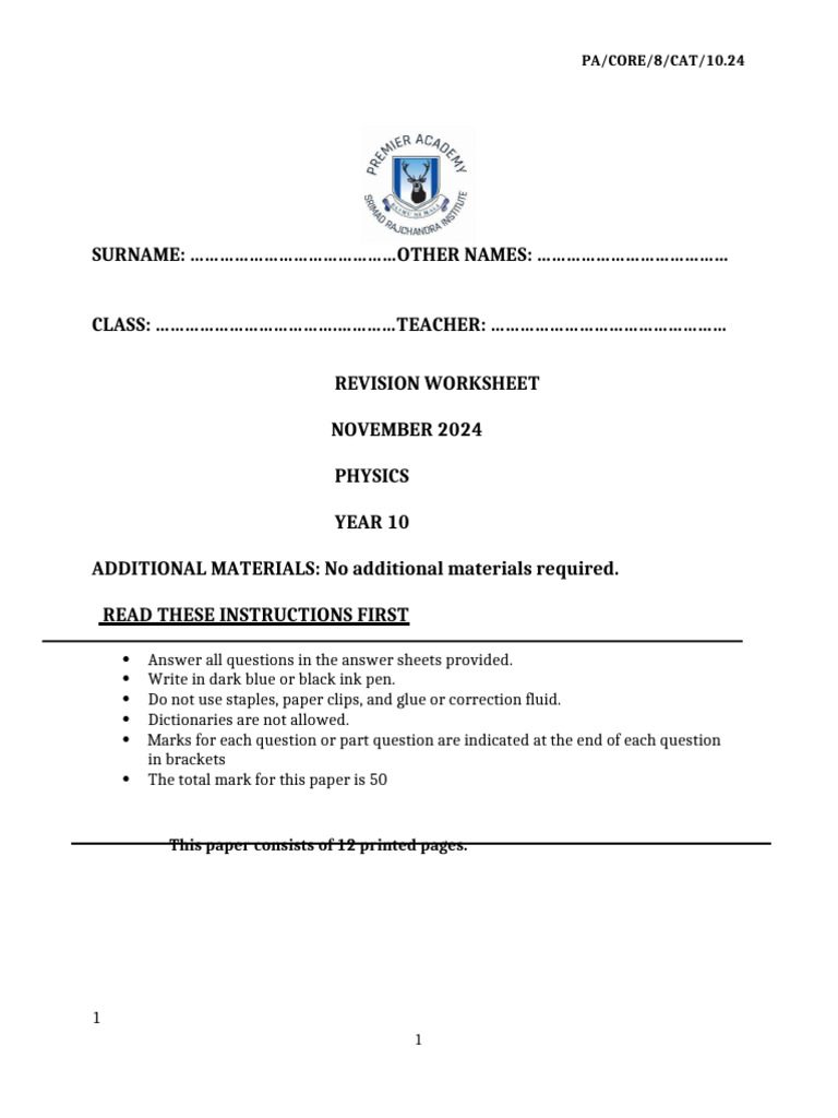 Year 10 Physics Revision Worksheet | PDF | Pressure | Momentum