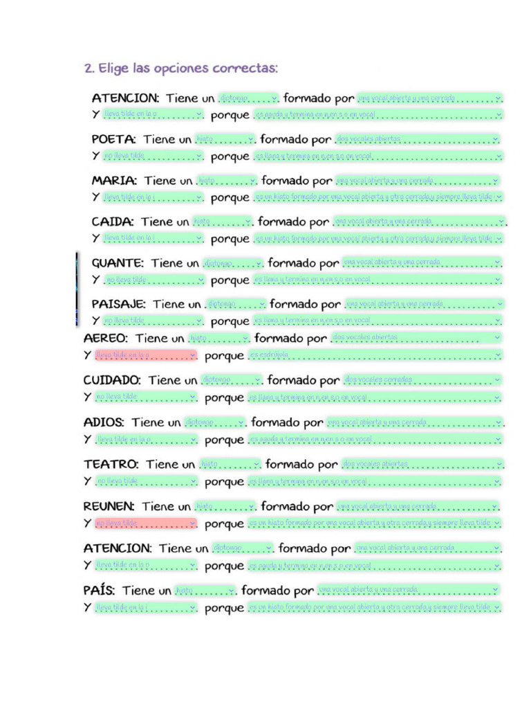 Ejercicio diptongos e hiatos correccion | PDF