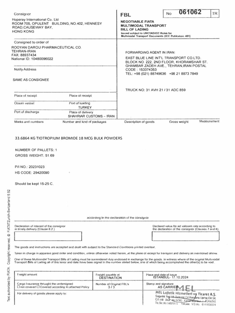 ORIGINAL FBL 061062 PI 20231023 | PDF | Cargo | Bill Of Lading