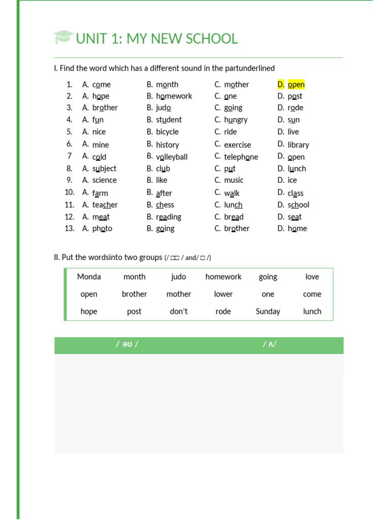 Bai Tap Unit 1 My New School Tieng Anh 6 | PDF