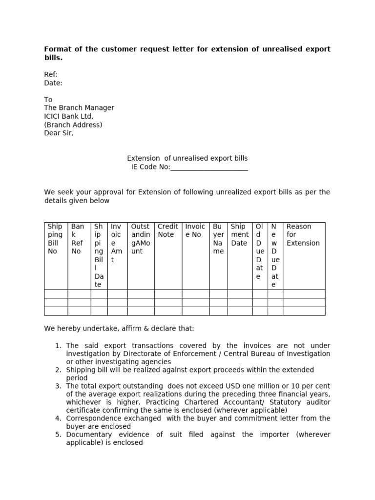 Format of The Customer Request Letter For Extension of Unrealised ...