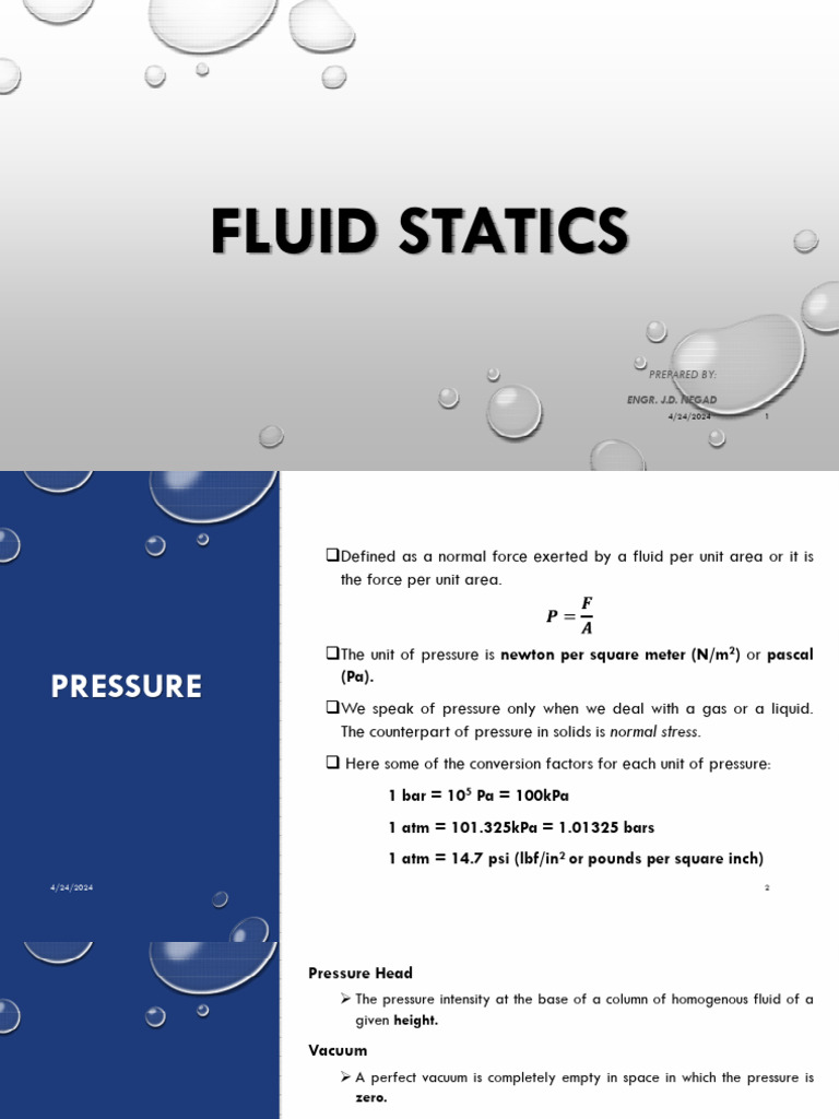 Fluid Statics | PDF | Pressure | Pressure Measurement