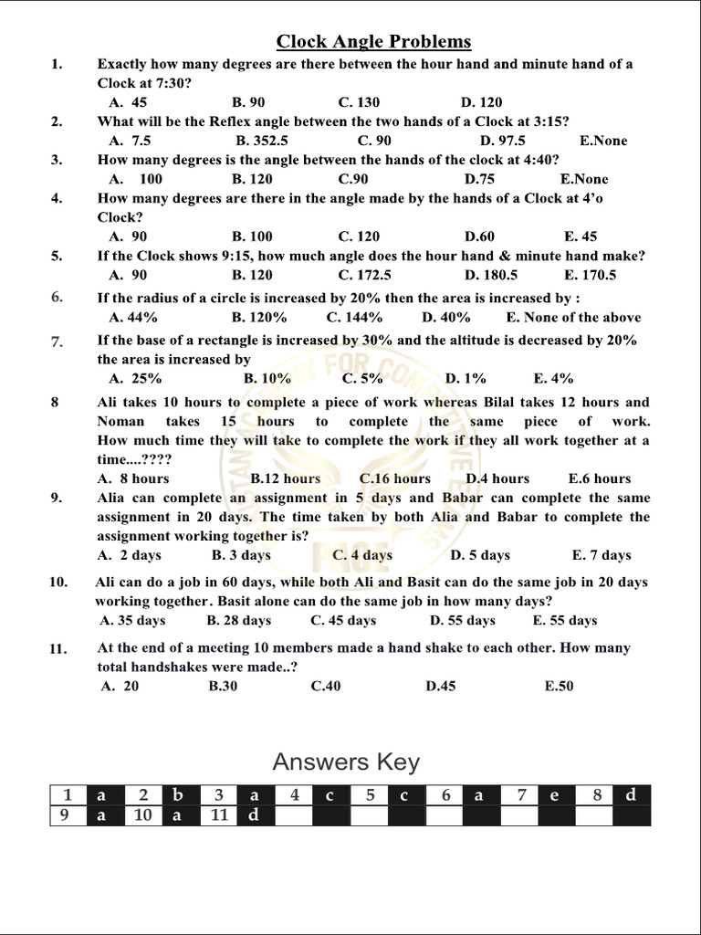 Clock Angle Problems Exercise | PDF