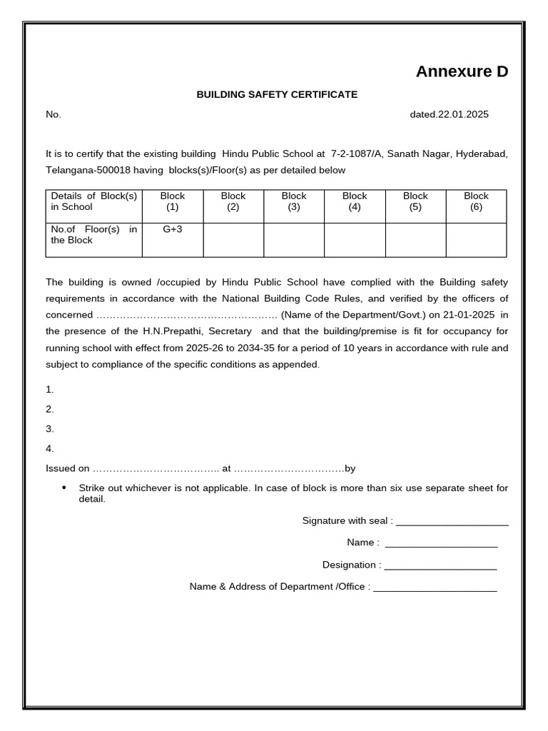 CBSE Building Safety Certificate Annexure D | PDF