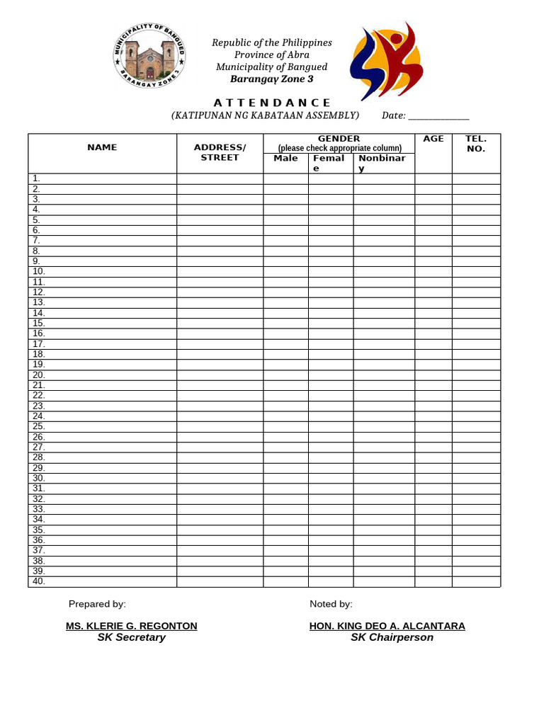 Barangay Youth Assembly Attendance Sheet | PDF