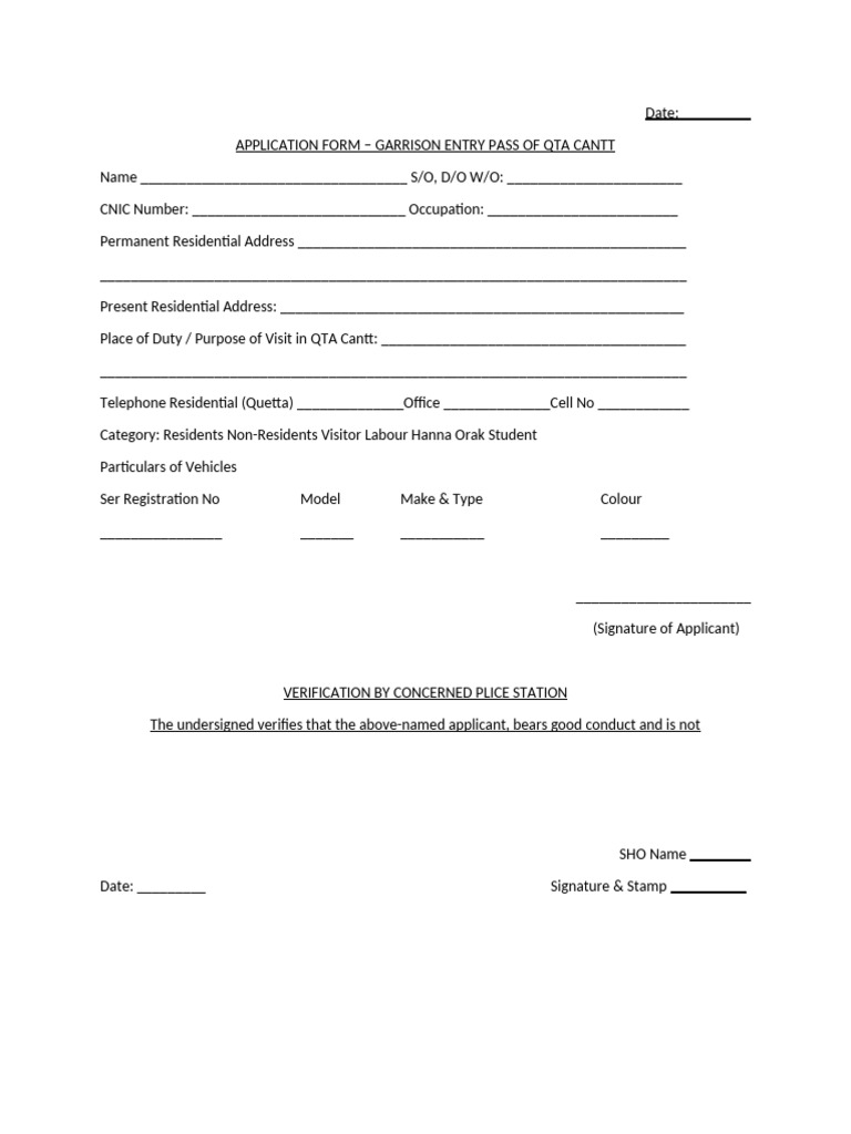 Cantt Pass Form | PDF