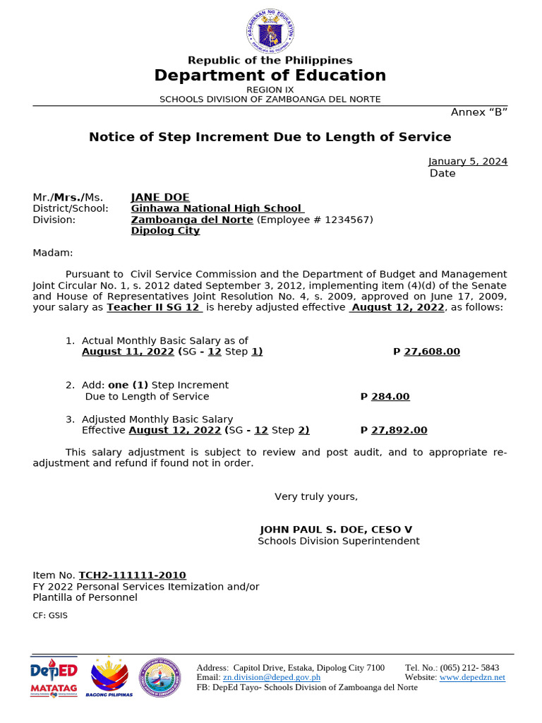 Step Increment Notice for Teacher II | PDF