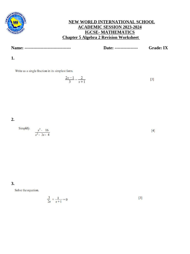 Algebra 2 Revision Worksheet | PDF