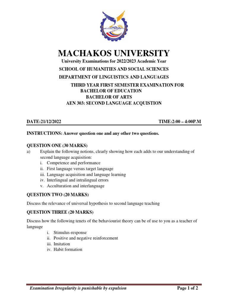 Aen 303 Second Language Acquistion | PDF