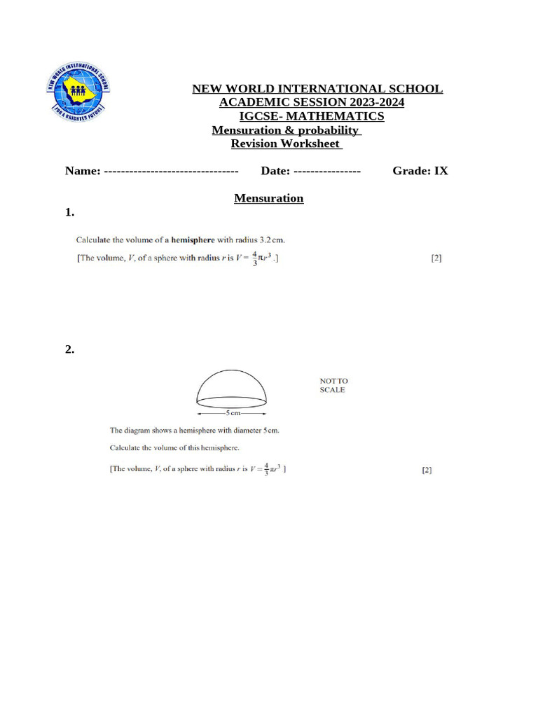 Mensuration & Probability Revision Worksheet | PDF
