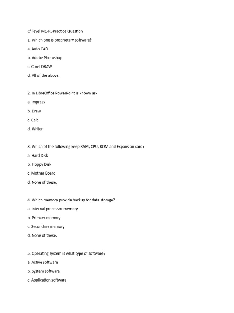 O' Level Computer Software Quiz | PDF | Computer Data Storage ...