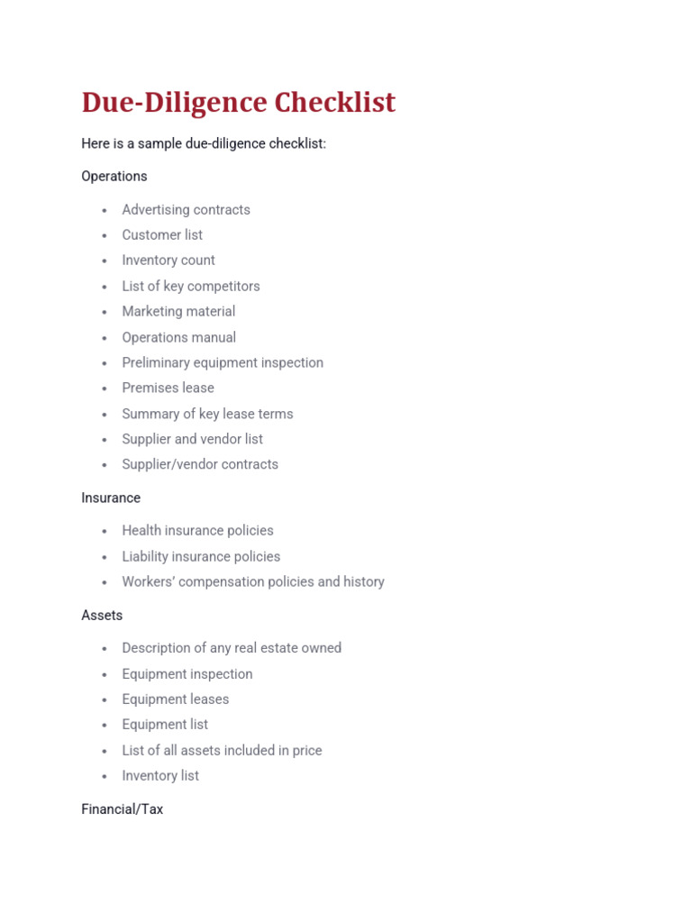 Due Diligence Checklist | PDF | Taxes | Employment