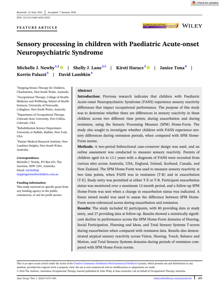 Aus Occup Therapy J - 2024 - Newby - Sensory Processing in Children With Paediatric Acute Onset ...