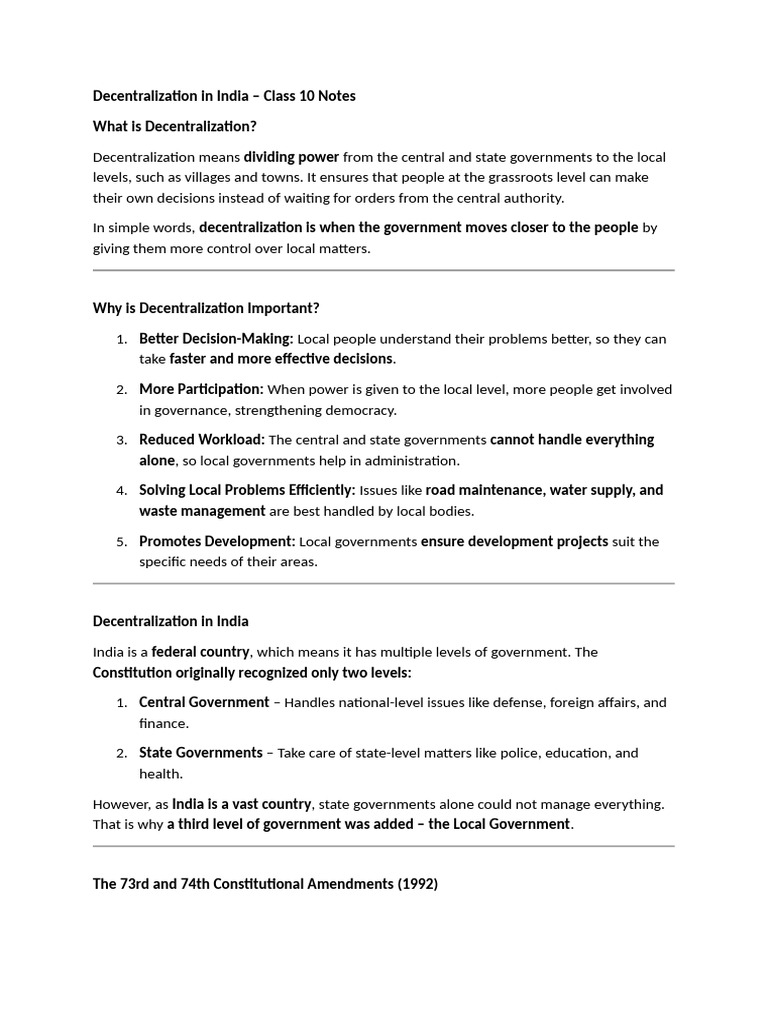 Decentralization in India Notes | PDF | Government | Governance