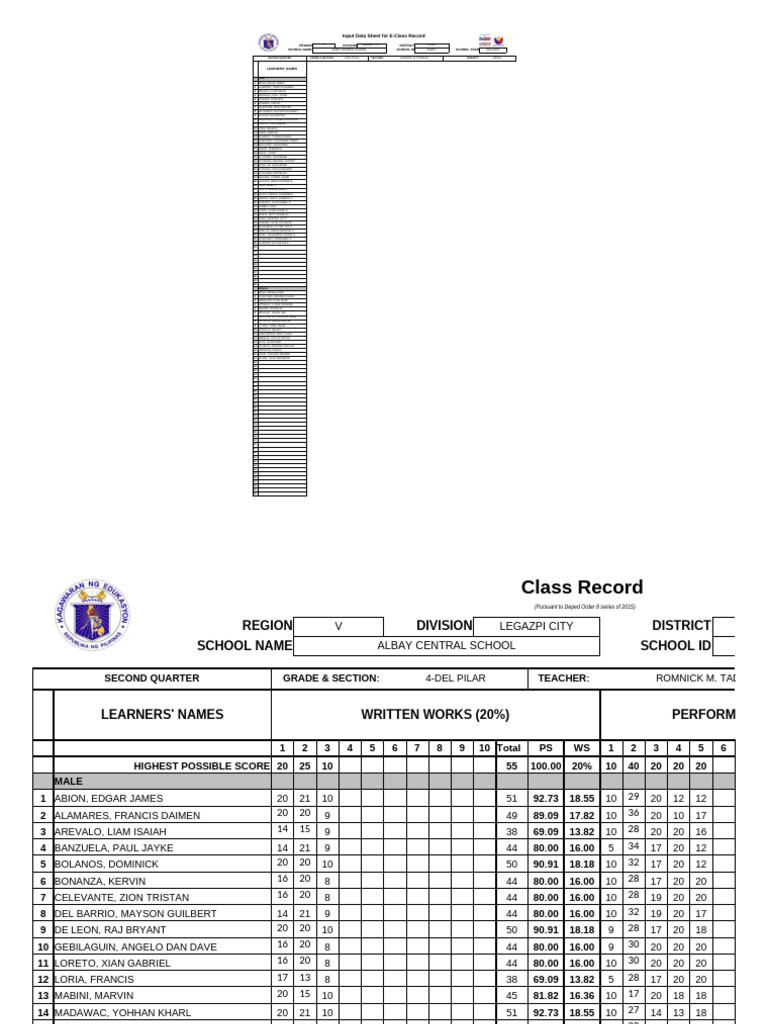 Mapeh 4 - Del Pilar-Class Record 2ND Quarter | PDF