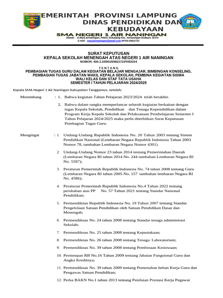 SK Pembagian Tugas Smster I 2425 | PDF